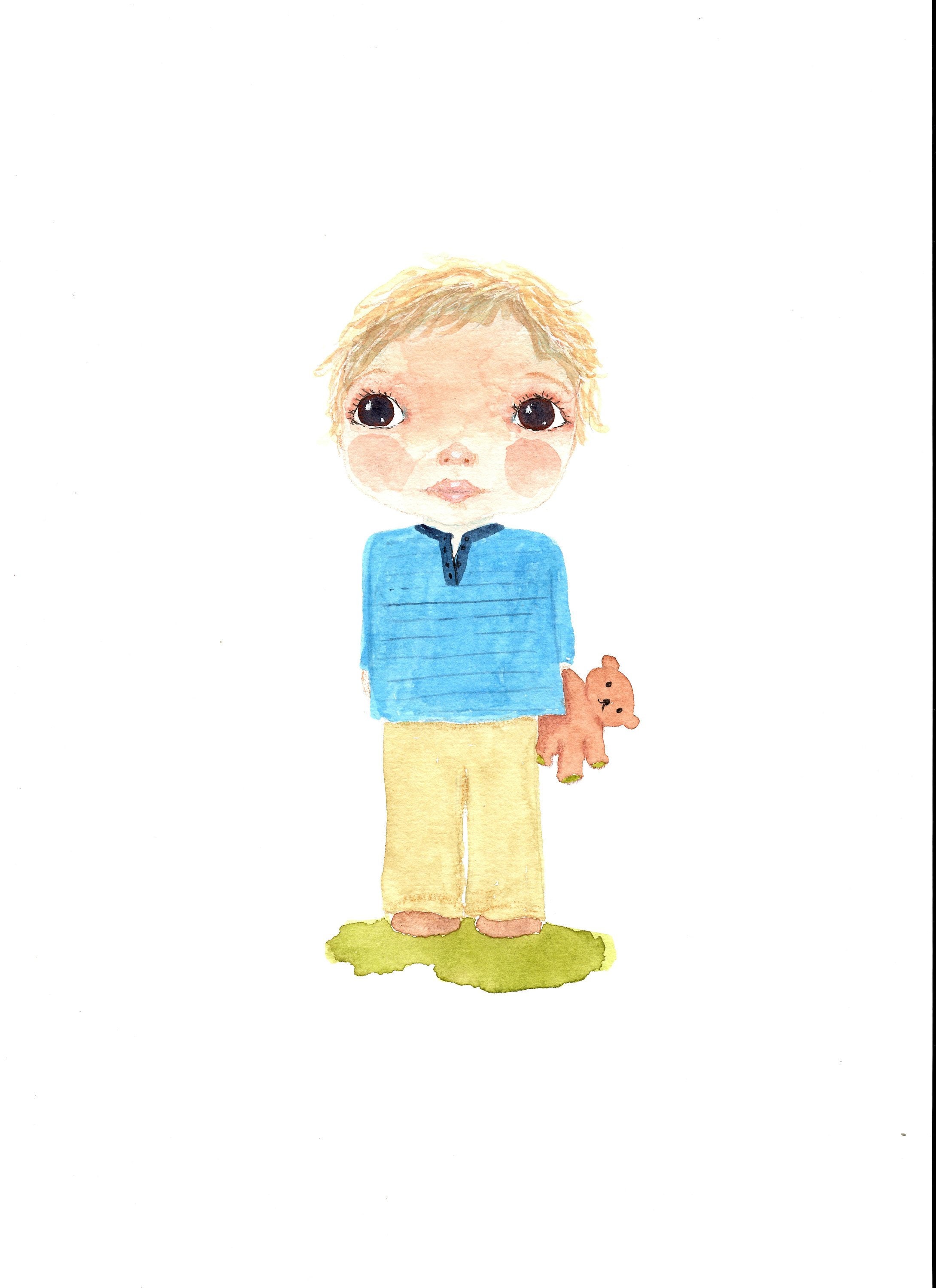 Watercolor Art Print, Whimsical Boy, Folk Art Print, Blonde Boy ...