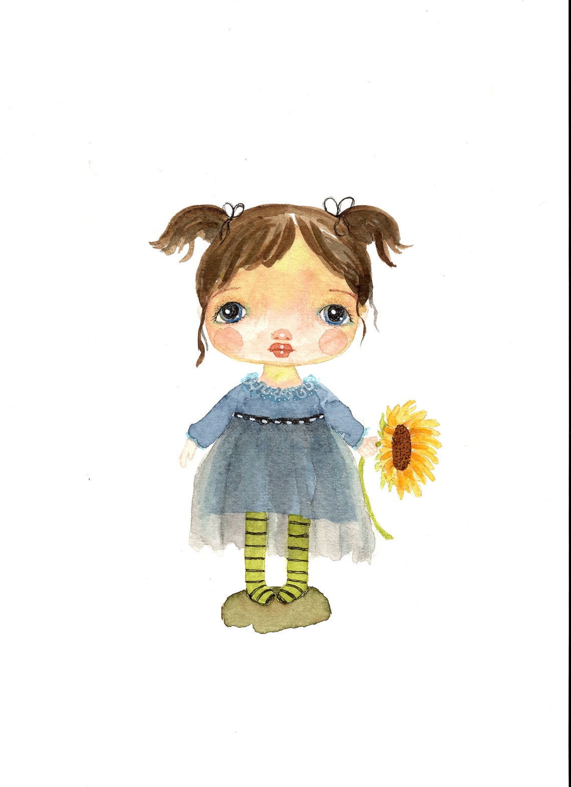 Watercolor Art Print, Whimsical Girl, Sunflower, Wall Decor, Child's ...