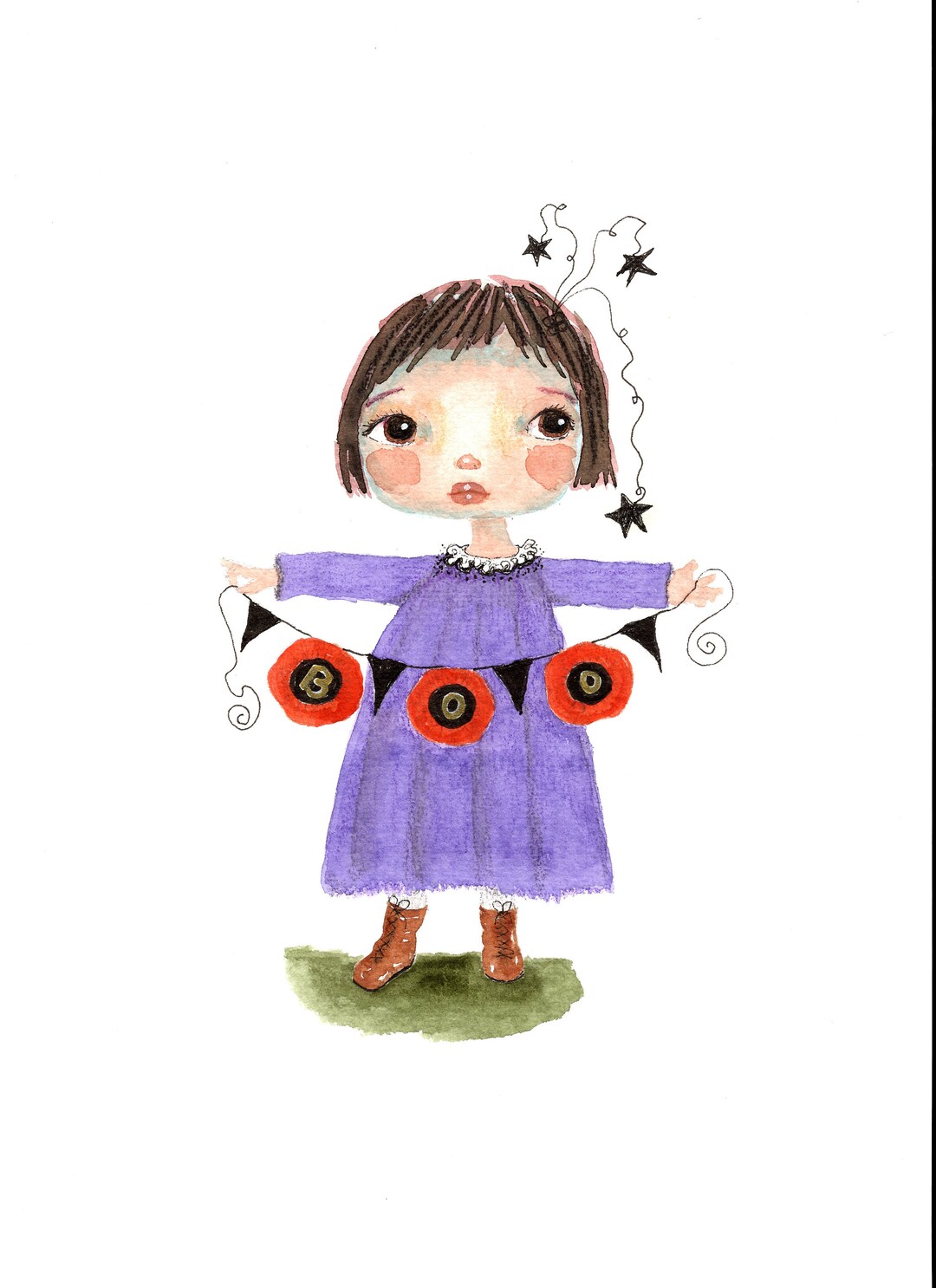 Watercolor Art Print, Whimsical Girl, Halloween Decor, Original Art ...