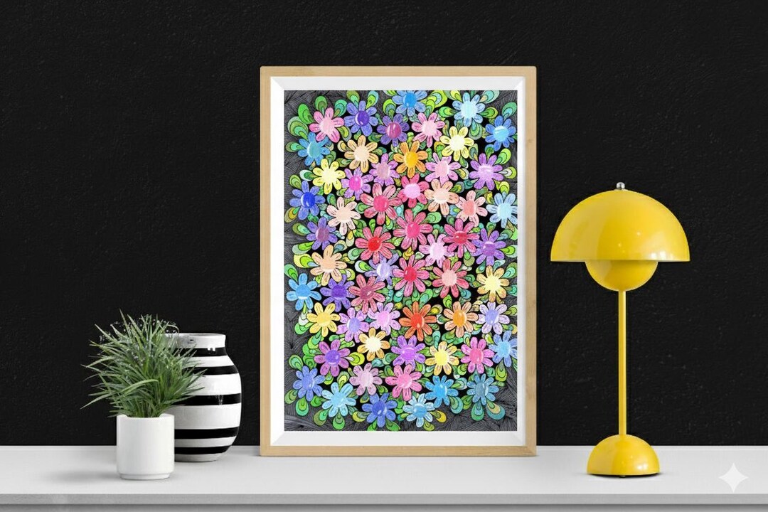 7 TERRIBLE DAISIES - Drawing, Poster Vibrant Abstract Floral Doodle Art ...