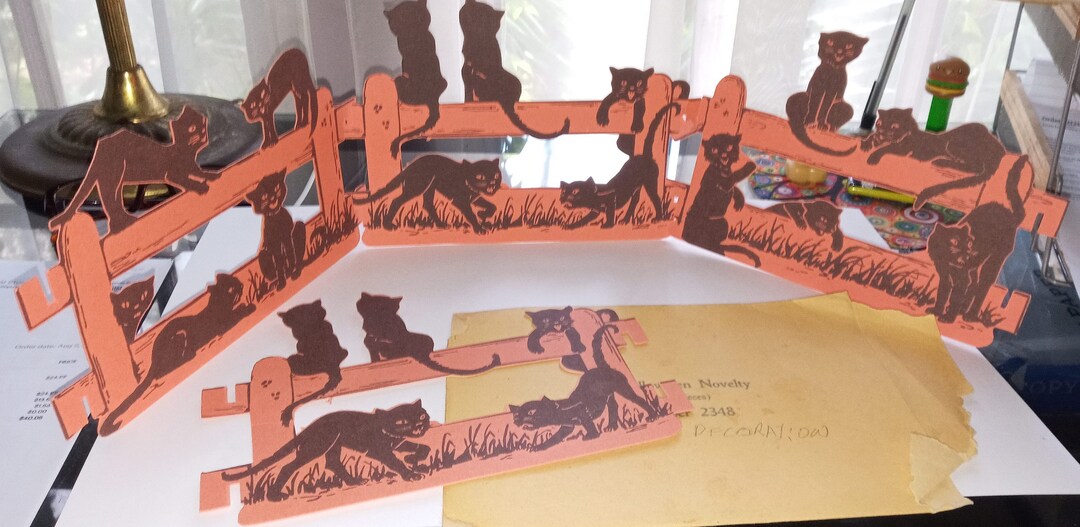 Vintage Repro Interlocking Halloween Cat on Fence Set With Envelope ...