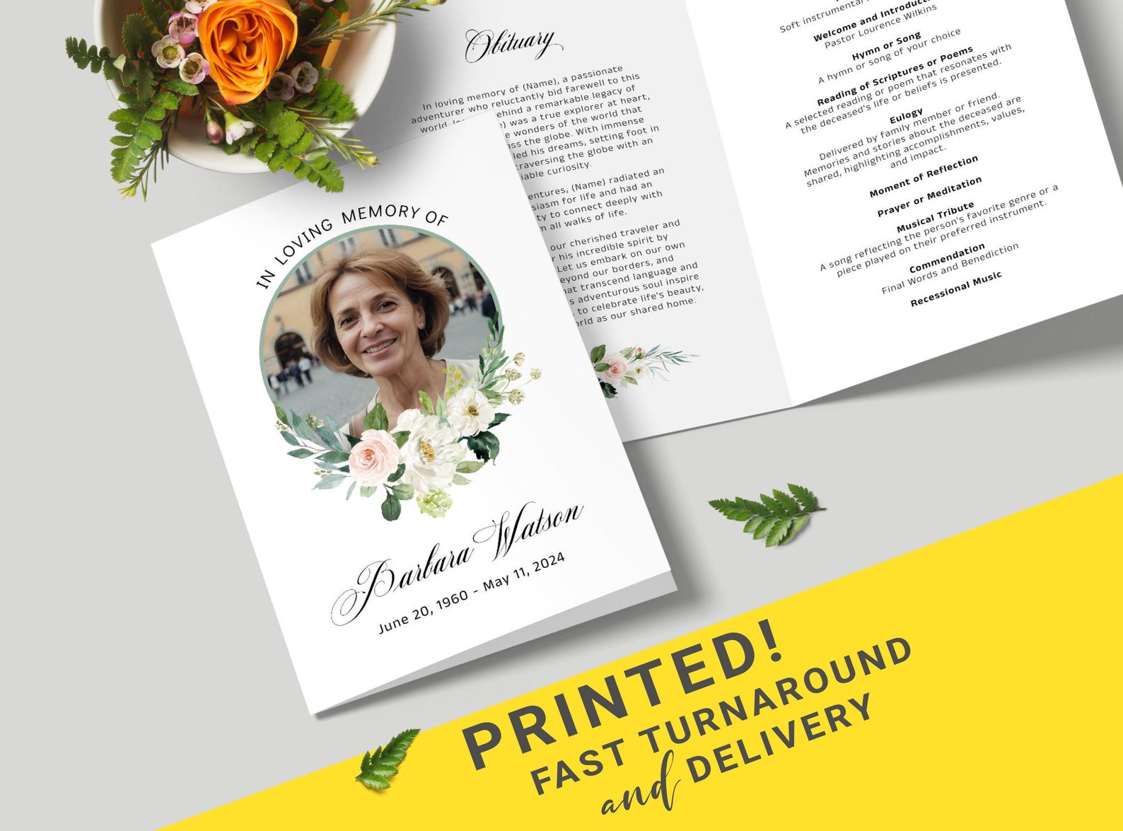 Printed Funeral Program, Funeral Order of Service Cards, Celebration of ...