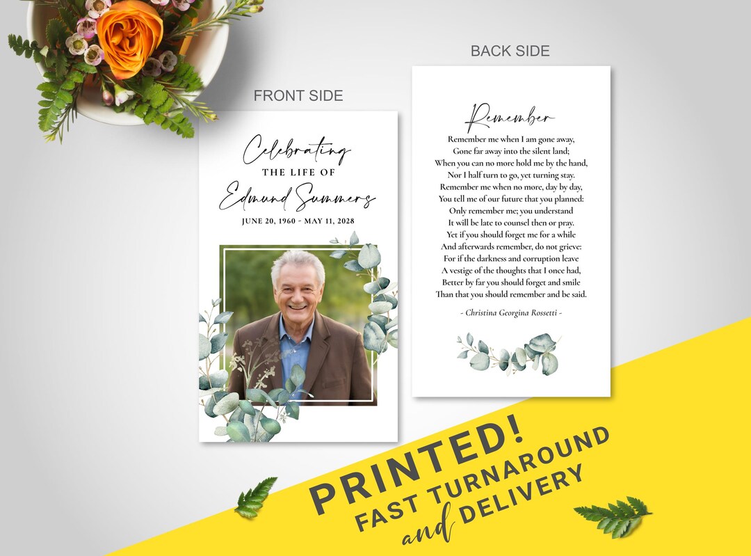 Custom Memorial Prayer Cards for a Funeral, Printed Celebration of Life ...