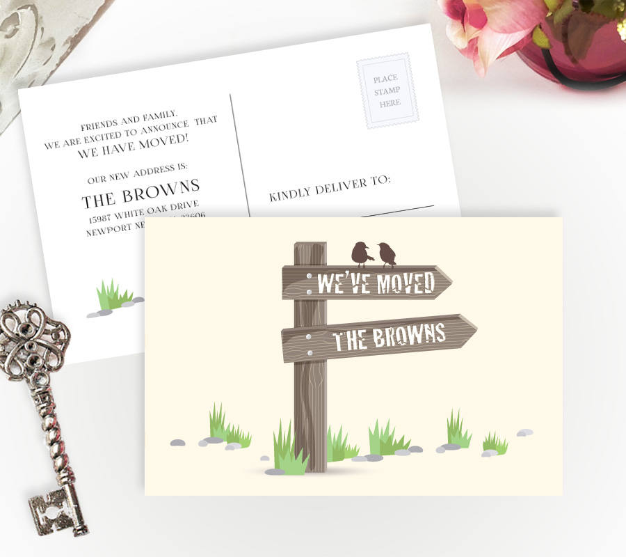 PRINTED moving announcement with wooden sign post and birds | Etsy