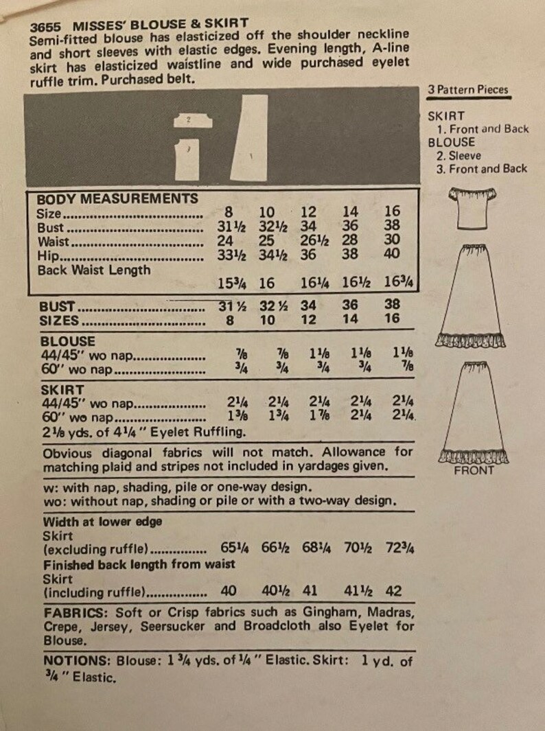 Butterick 3655 Vintage 1970s off Shoulder Neckline Peasant - Etsy