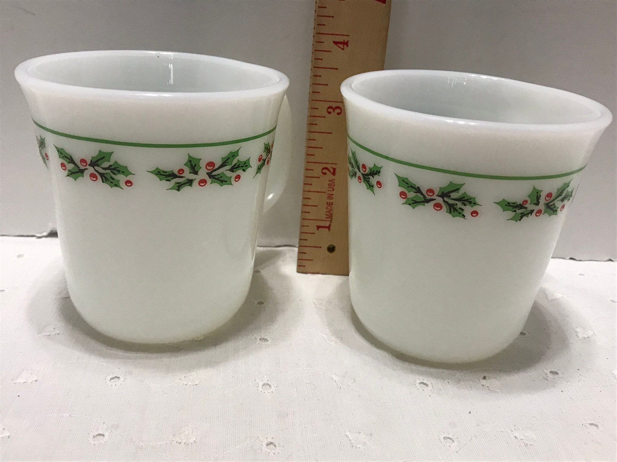 2 Corning Milk Glass Mugs Cups Christmas Holly and Berries | Etsy