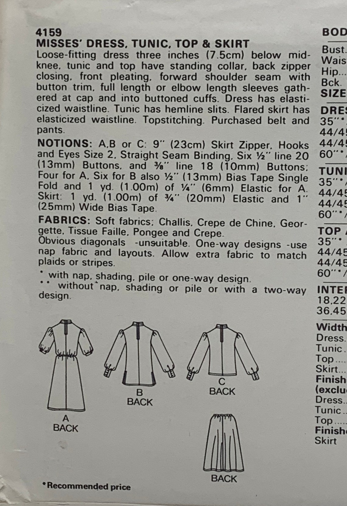 Butterick 4159 Misses Dress Tunic Top and Skirt Sewing Pattern Vintage ...