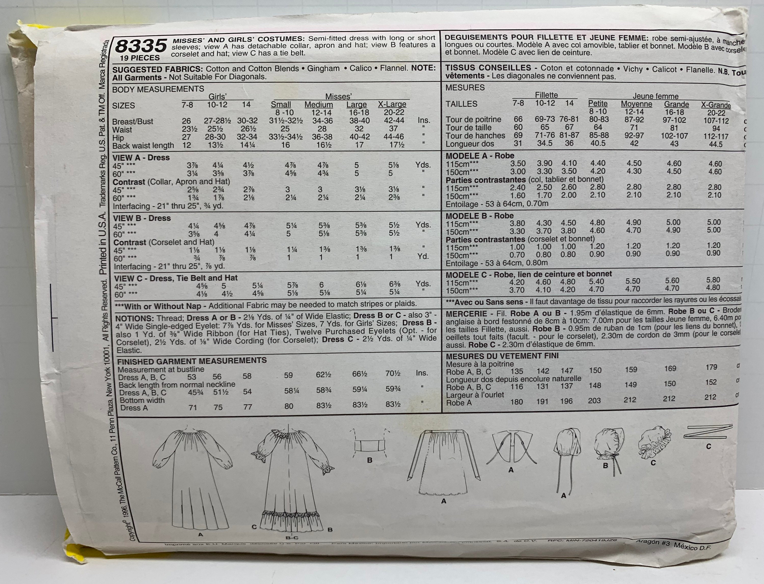 Puritan Costume Sewing Pattern: Mccall's 8335 (size 16-18) & Simplicity ...