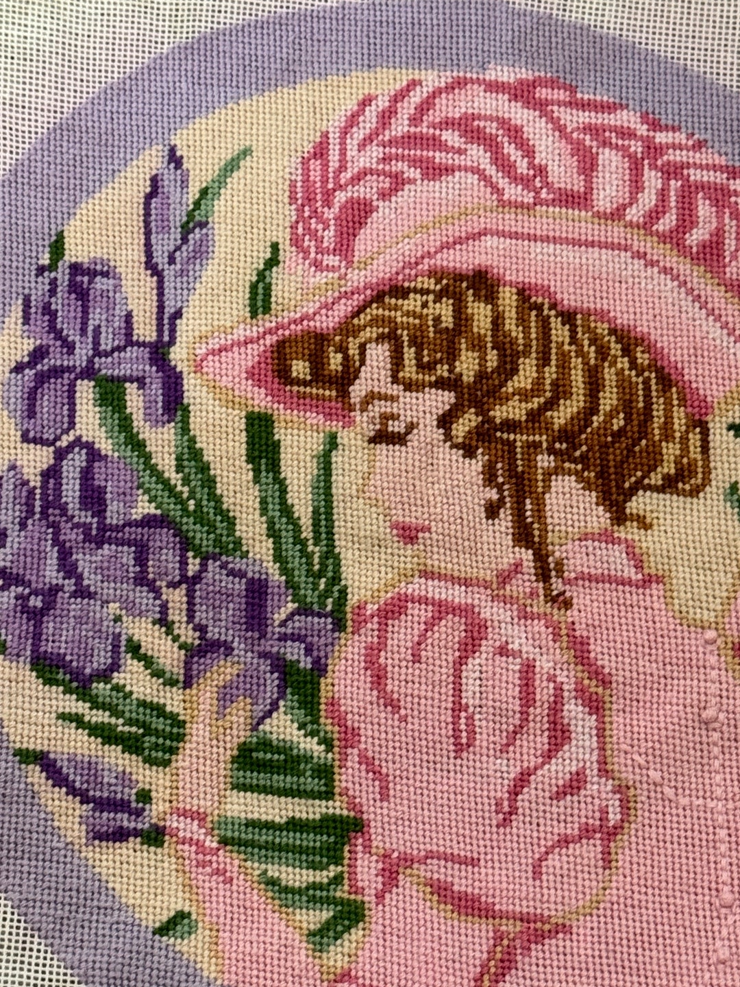 Vintage Round Needlepoint Gibson Girl Woman With Purple and Lavender ...