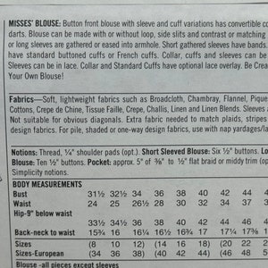 Simplicity 9210 Misses Front Button Blouse Top Sewing Pattern Collar ...