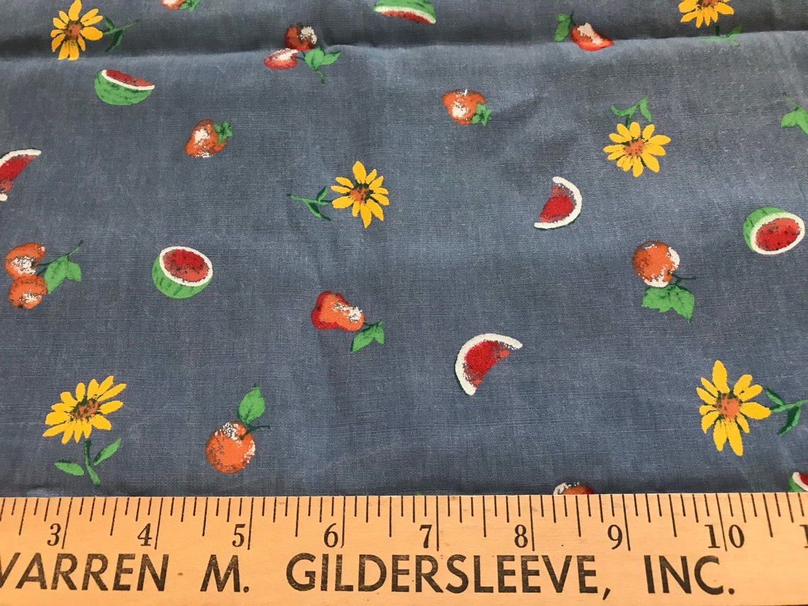 Vintage Blue Fruit & Flowers Acetate Apparel Fabric Watermelon Pears ...