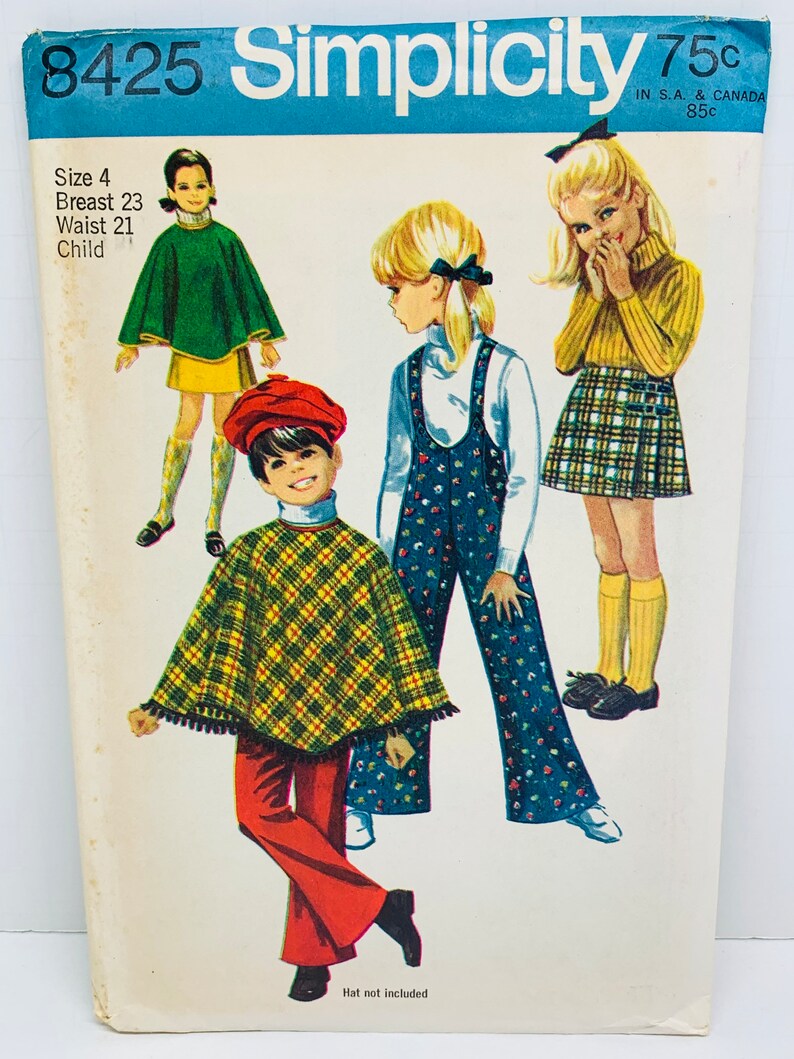 Vintage 1970s Girls Poncho Cape, Skirt and Bell Bottom Pants With Attached Suspenders Sewing ...