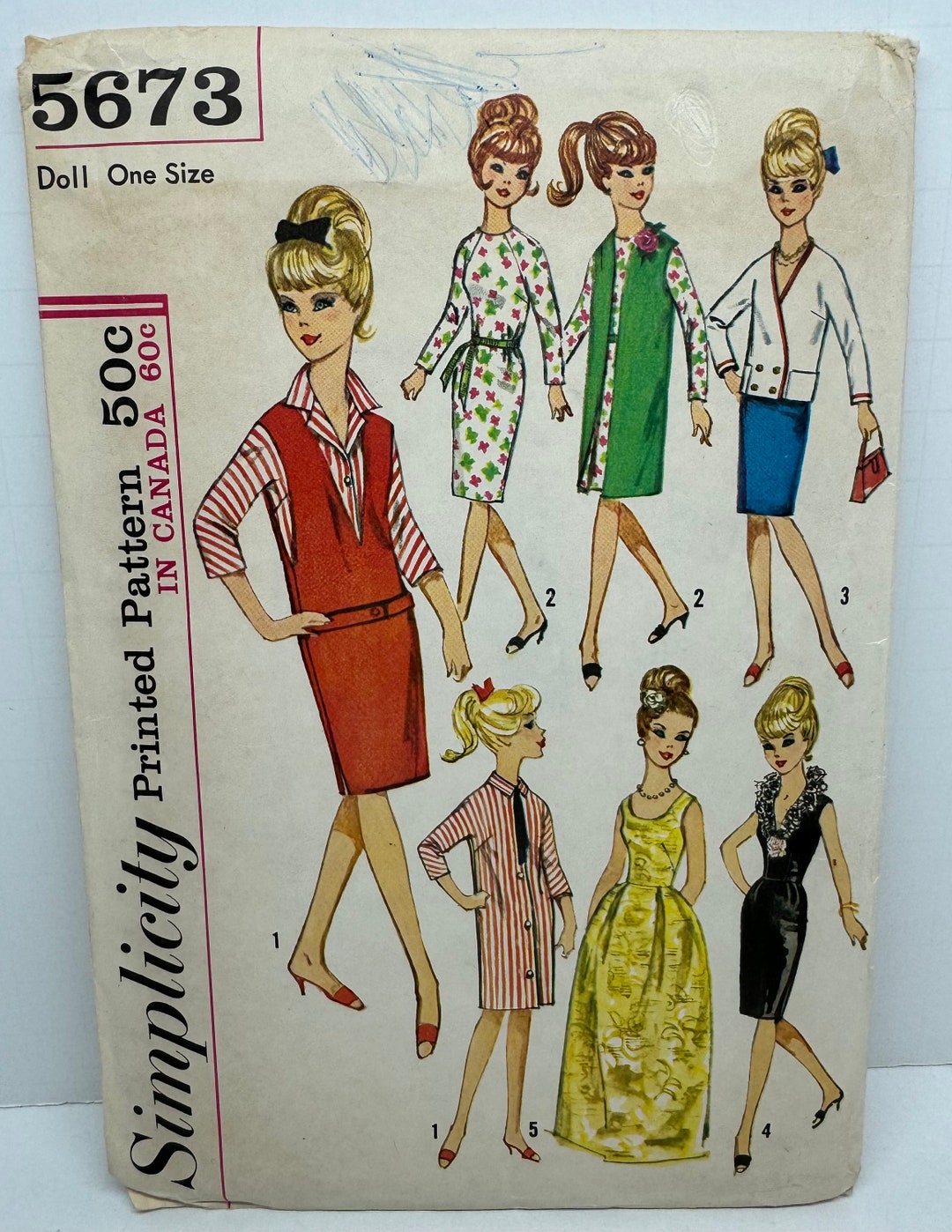 VTG 60s Barbie 11.5” Doll Clothes Sewing Pattern Simplicity 5673 Dress ...