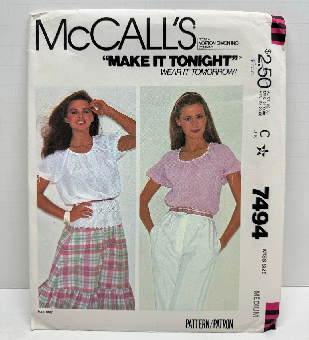 Mccall’s 7494 Misses Peasant Tops Blouses Sewing Pattern Easy to Sew ...