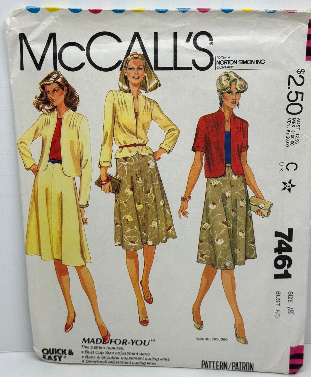 Mccall’s 7461 Misses Suit Jewel Neck Jacket and Flared Skirt Sewing ...