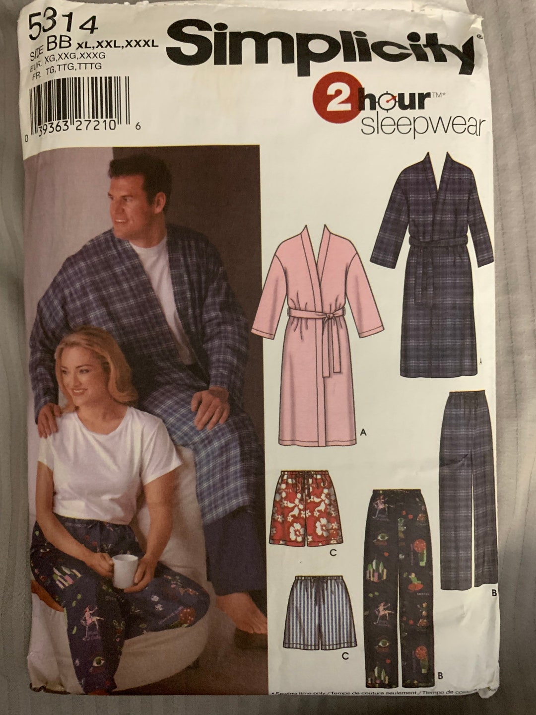 Simplicity 5314 Unisex Pajamas Sewing Pattern Mens Women’s Size XL XXL ...
