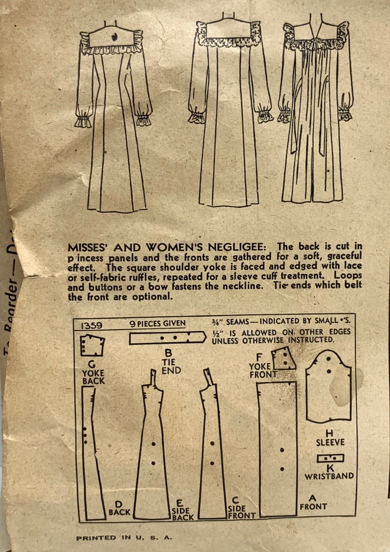Simplicity 1359 Misses and Women’s Negligee Vintage 1940s Nightgown ...