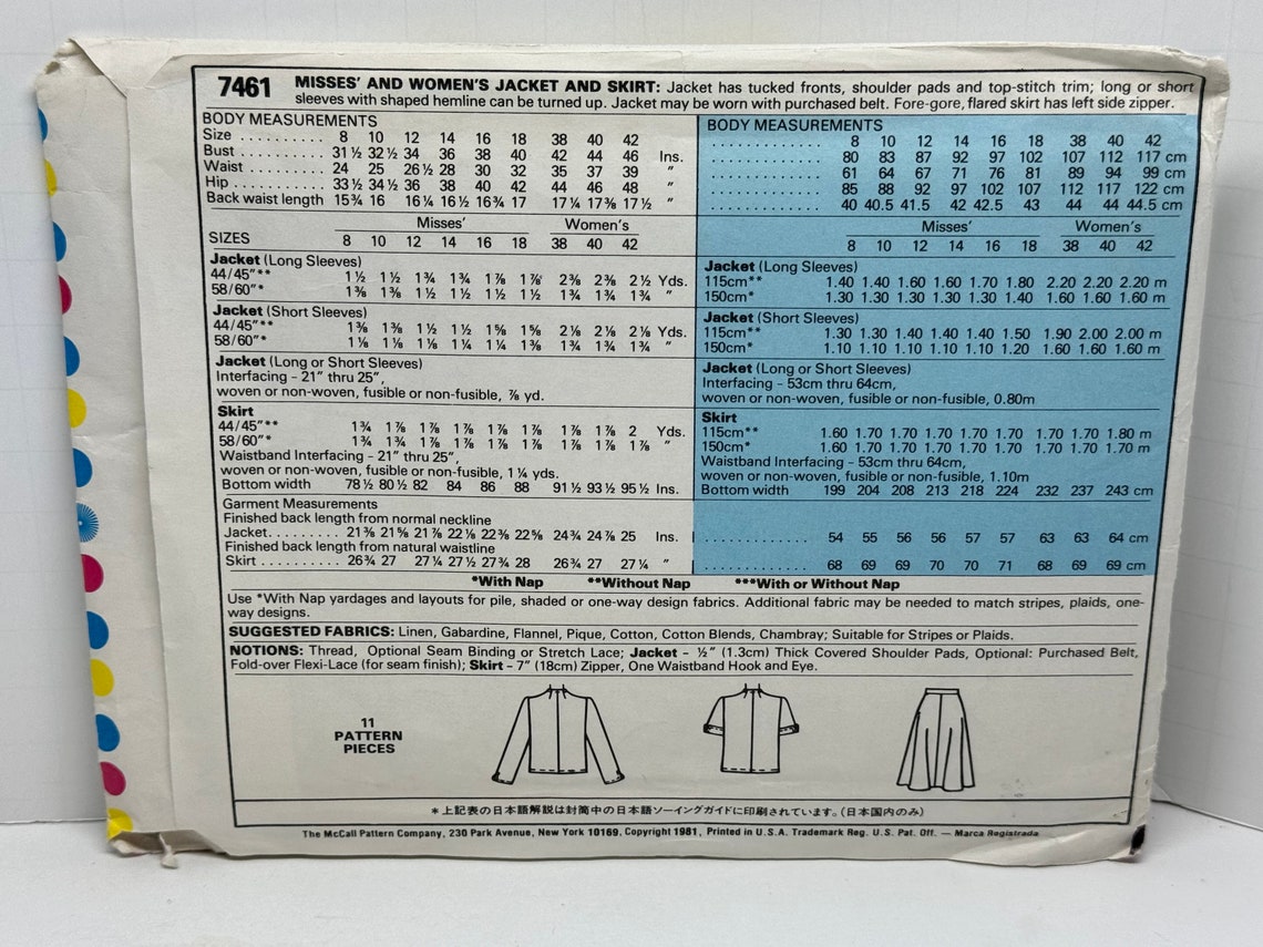 Mccall’s 7461 Misses Suit Jewel Neck Jacket and Flared Skirt Sewing ...