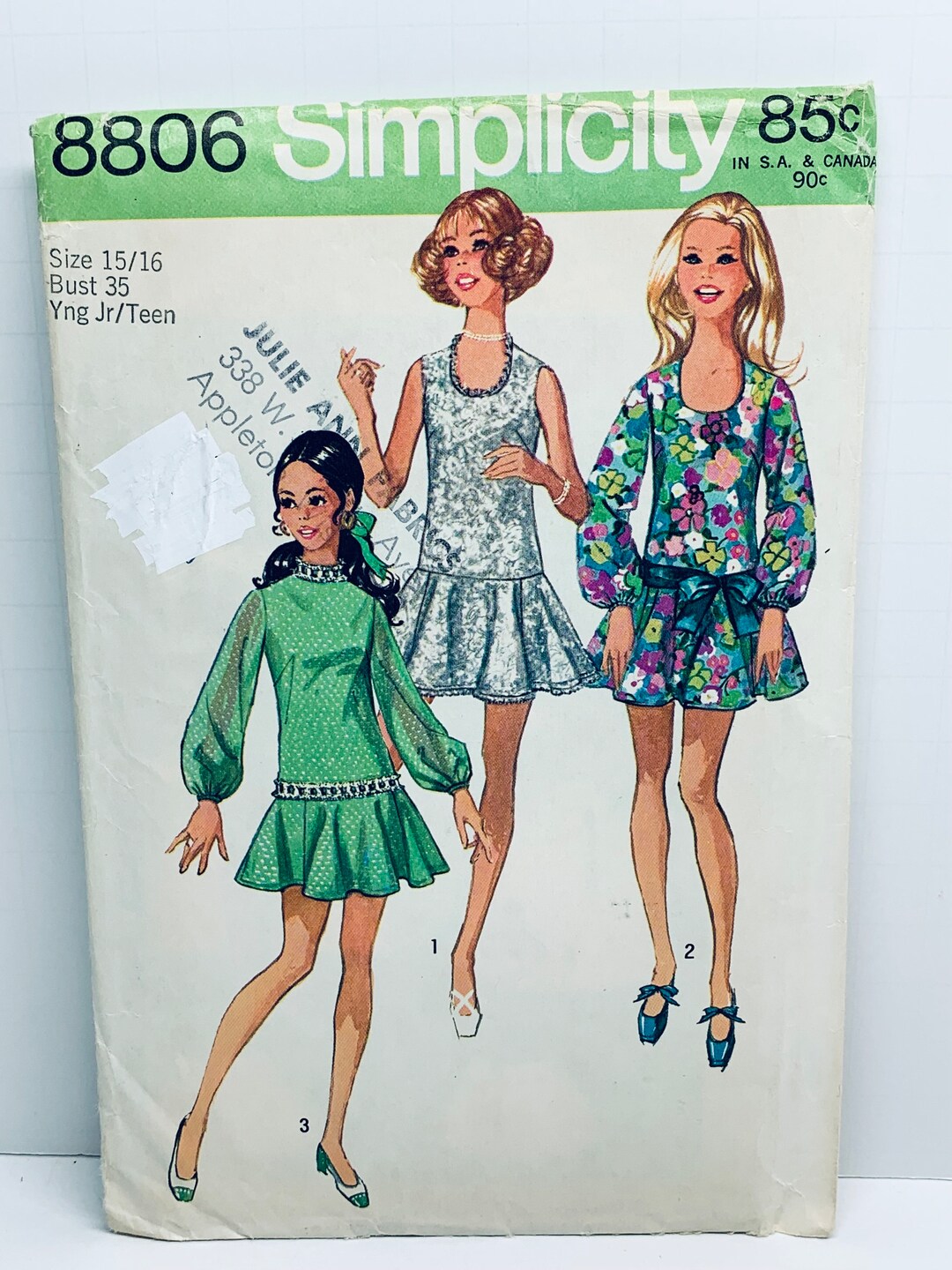 Misses Vintage 1970s Mini Dress Sewing Pattern Simplicity 8806 Junior ...