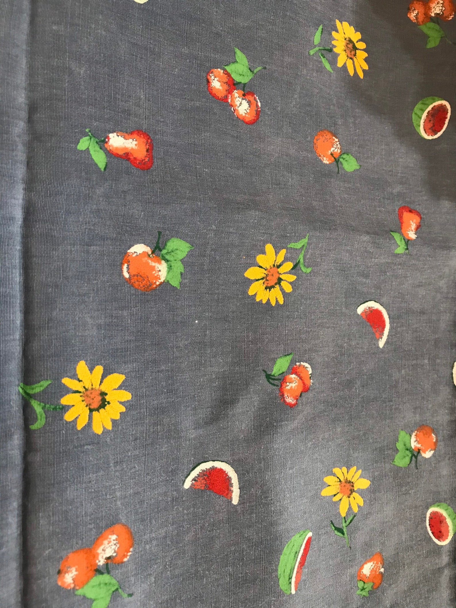 Vintage Blue Fruit & Flowers Acetate Apparel Fabric Watermelon Pears ...