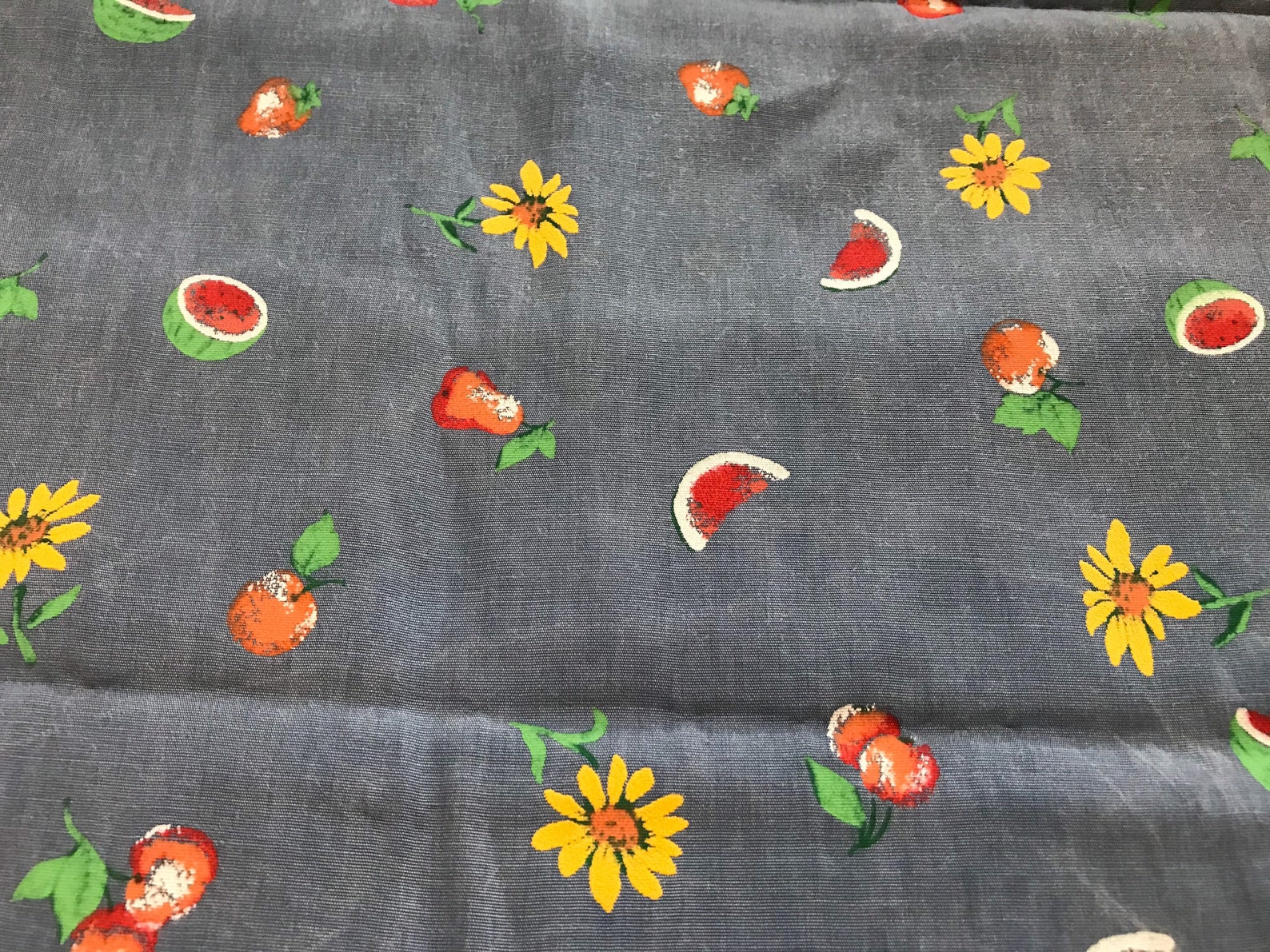Vintage Blue Fruit & Flowers Acetate Apparel Fabric Watermelon Pears ...
