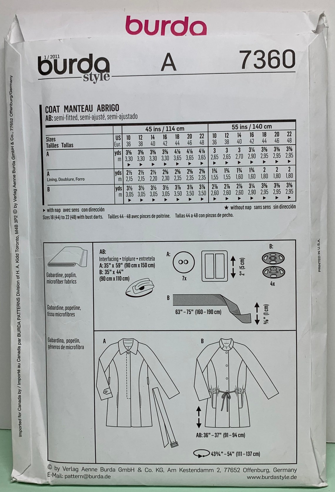 Burda Style 7360 Coat Jacket Sewing Pattern Belted Trench Coat | Etsy