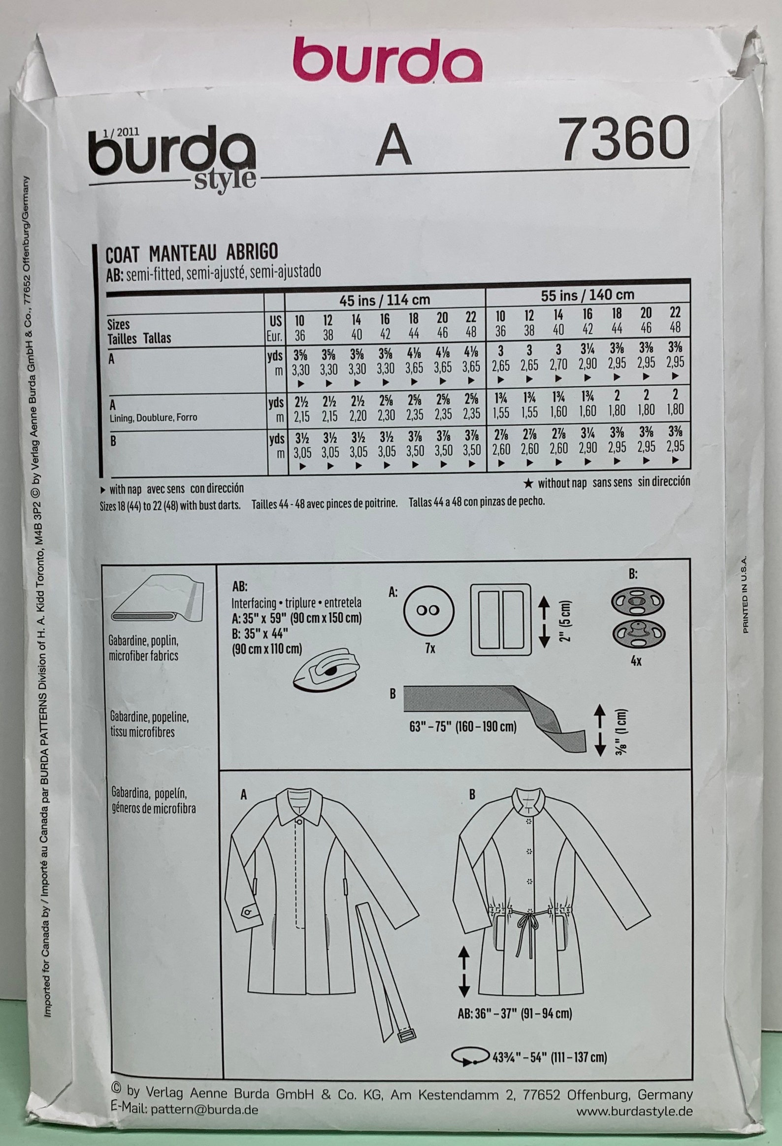 Burda Style 7360 Coat Jacket Sewing Pattern Belted Trench Coat | Etsy