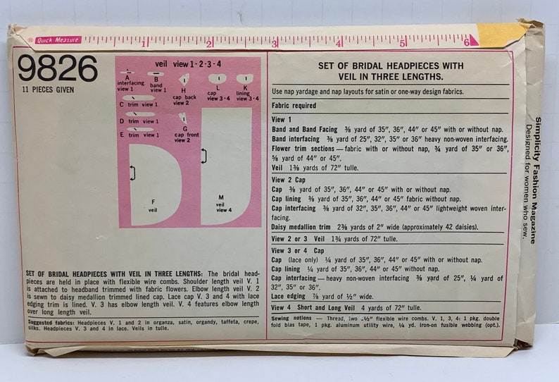 Vintage 70s Bridal Veil Wedding Headdress Simplicity 9826 - Etsy