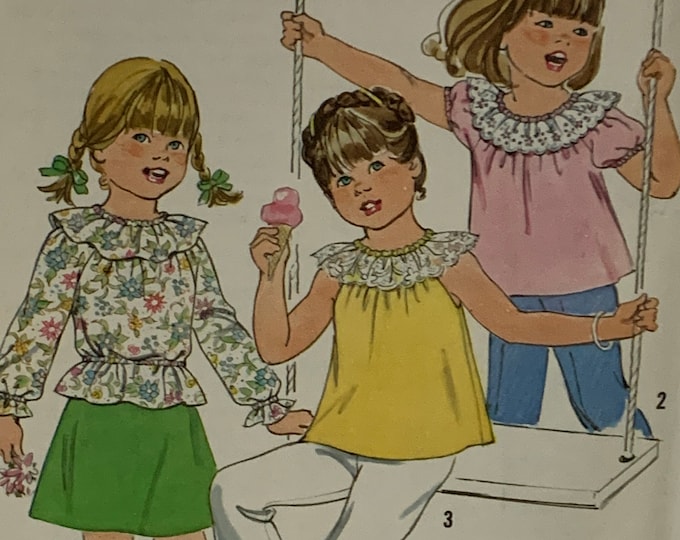 Vintage 1970s Butterick 5965 Girls Handkerchief Style Tops Lace Trim ...