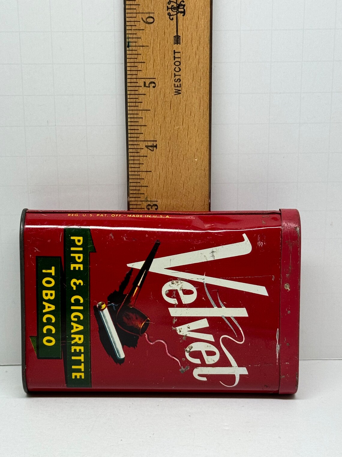 Vintage 1970s Velvet Pipe & Cigarette Tobacco Tin Red Smoking ...