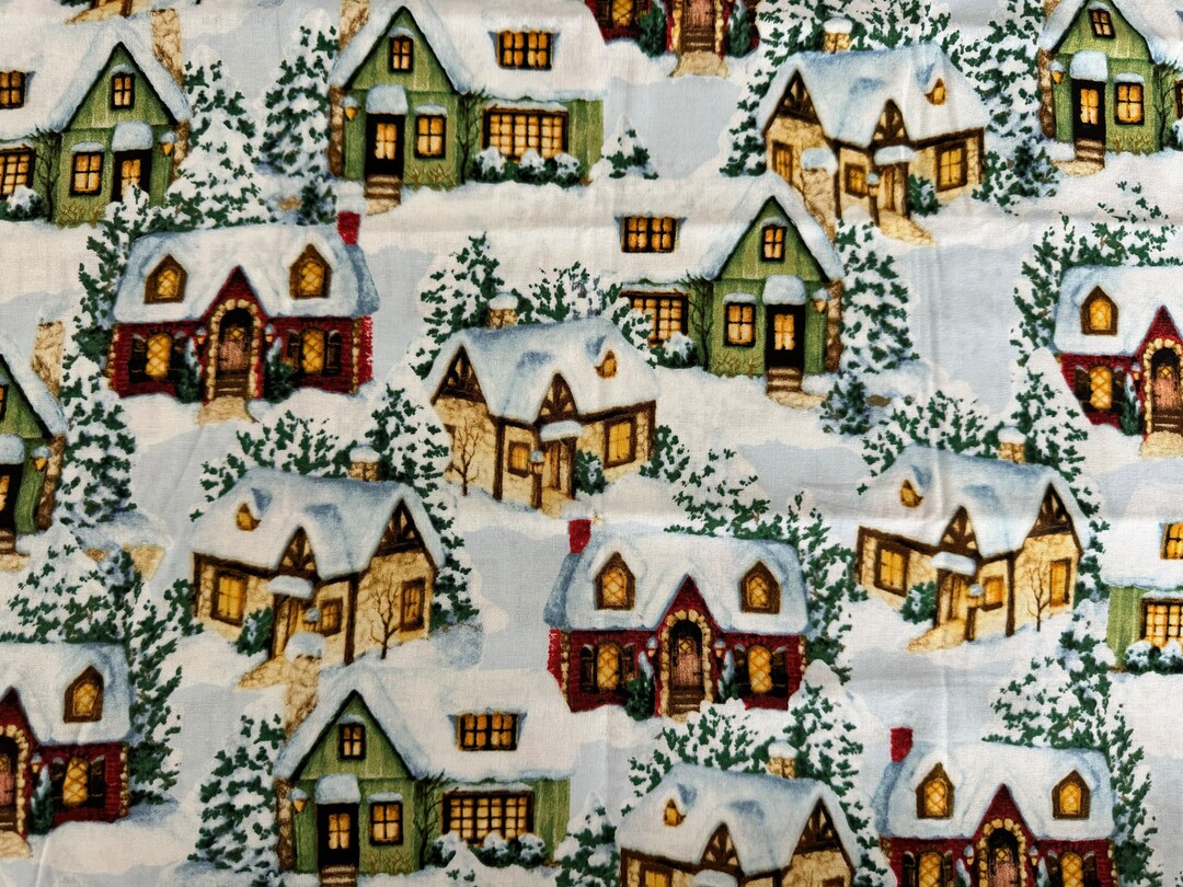 Snowy Village Houses Fabric: Susan Wheeler Winter Cottages Print - Etsy