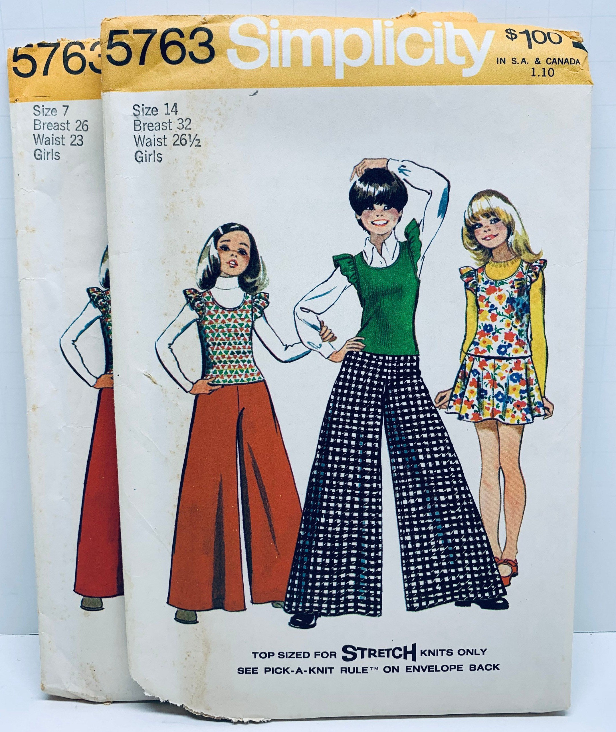 Vintage 1970s Simplicity 5763 Girl's Pullover Top Skirt and Wide