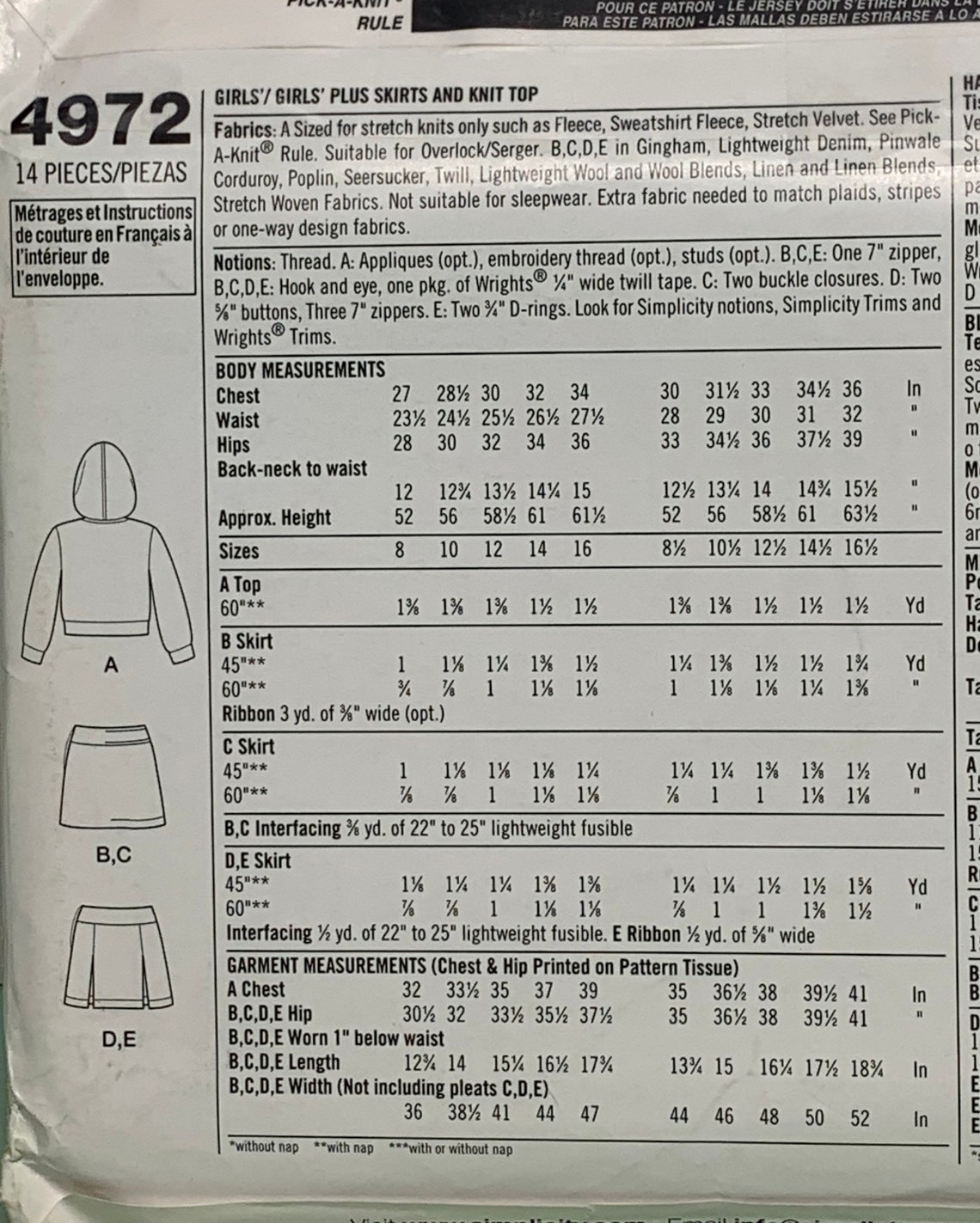 Simplicity 4972 LIZZIE Mcguire Girls Skirts & Knit Top Hoodie Hooded Sewing Pattern Back to ...