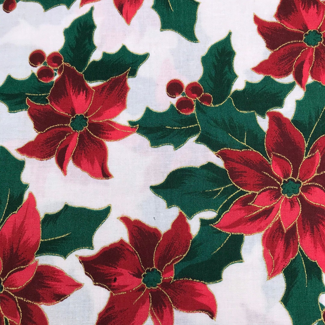 Merry Christmas Poinsettia Fabric Cotton Flowers Holly & Berries Floral ...