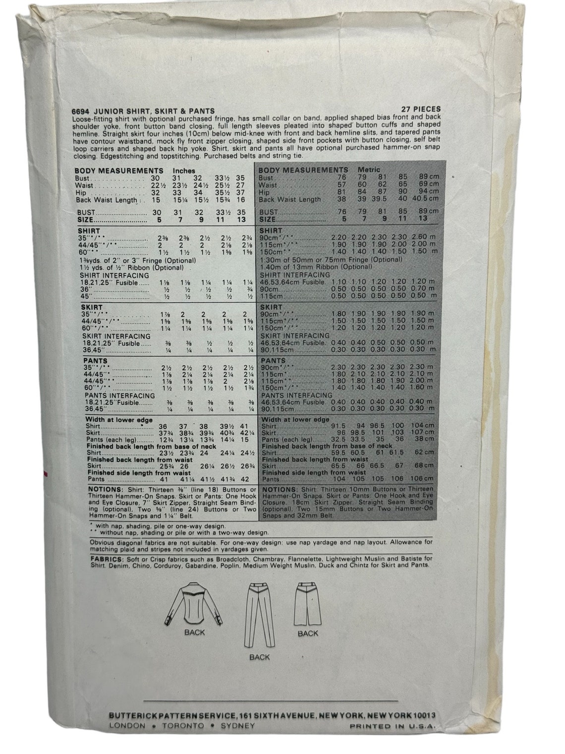 Quick Butterick 6694 Western Style Shirt Pants and Skirt Sewing Pattern ...