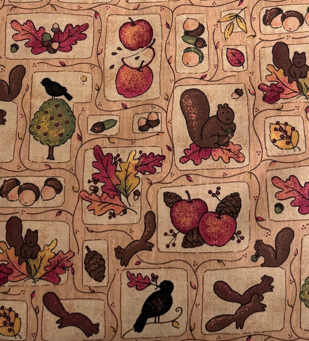 Fall Autumn Cotton Fabric QSQ Apples Trees Acorns Birds Squirrels Oak ...
