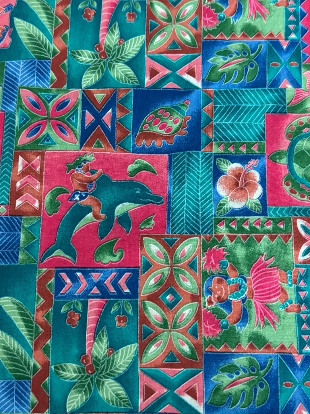Hawaiian Cotton Fabric Tropical Patchwork Dancers Dolphins Turtles ...