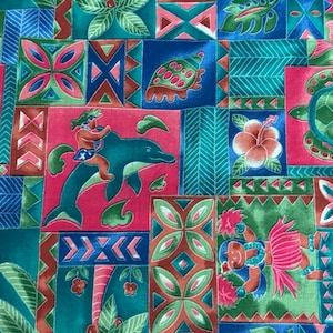 Hawaiian Cotton Fabric Tropical Patchwork Dancers Dolphins Turtles ...