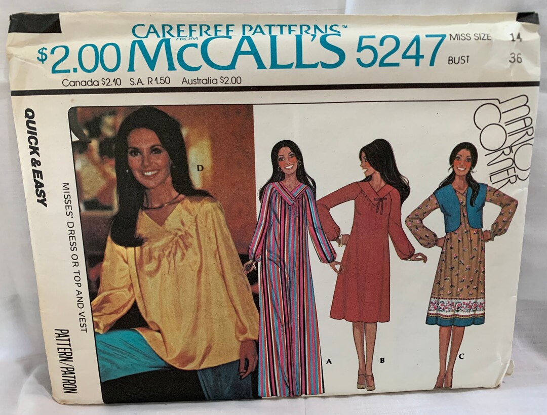 Vintage 70s Mccall's 5247 Carefree Sewing Pattern Marlo Thomas Caftan ...