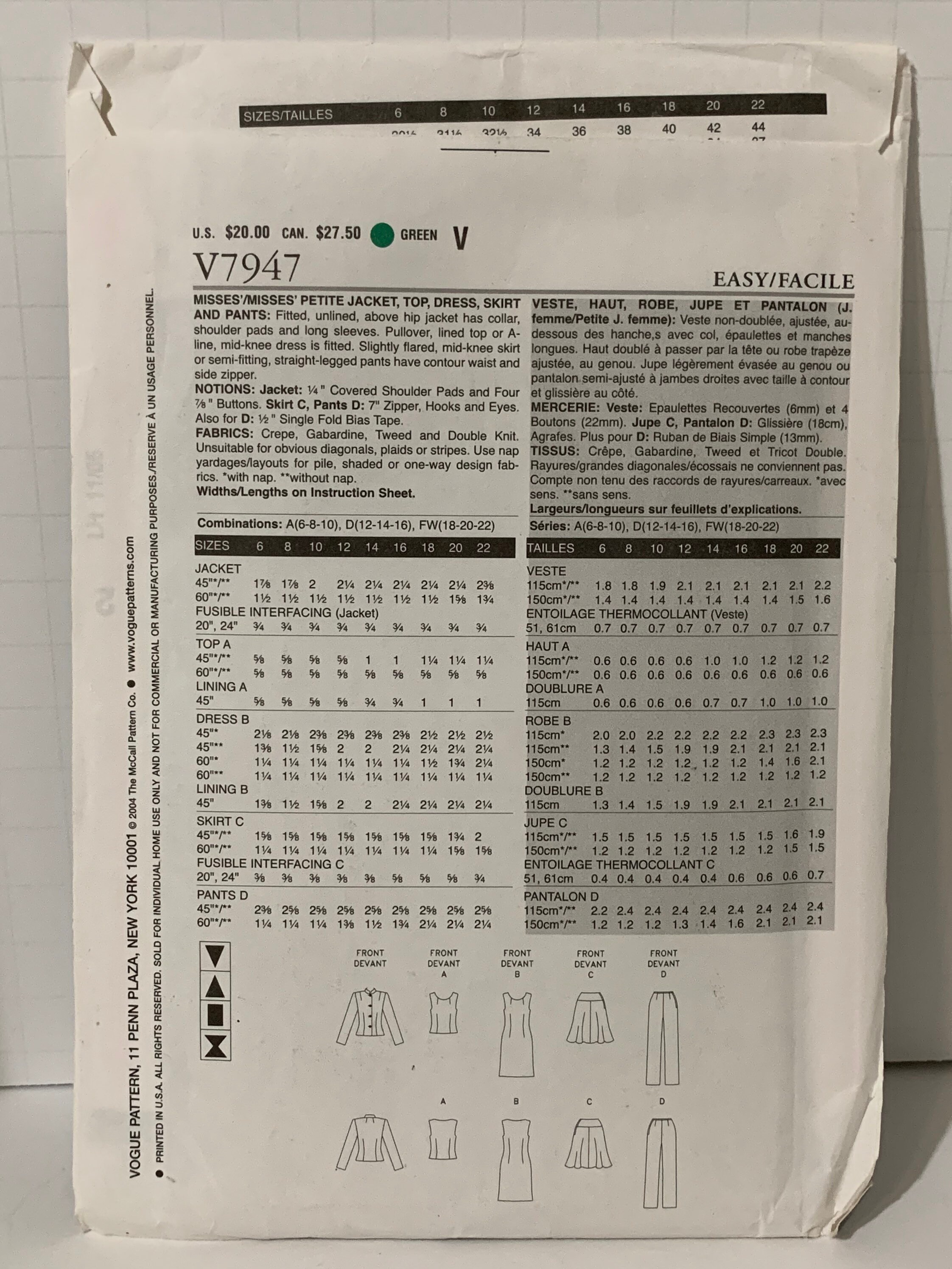 Vogue 7947 5 Easy Piece Wardrobe Sewing Pattern Misses & Misses Petite ...