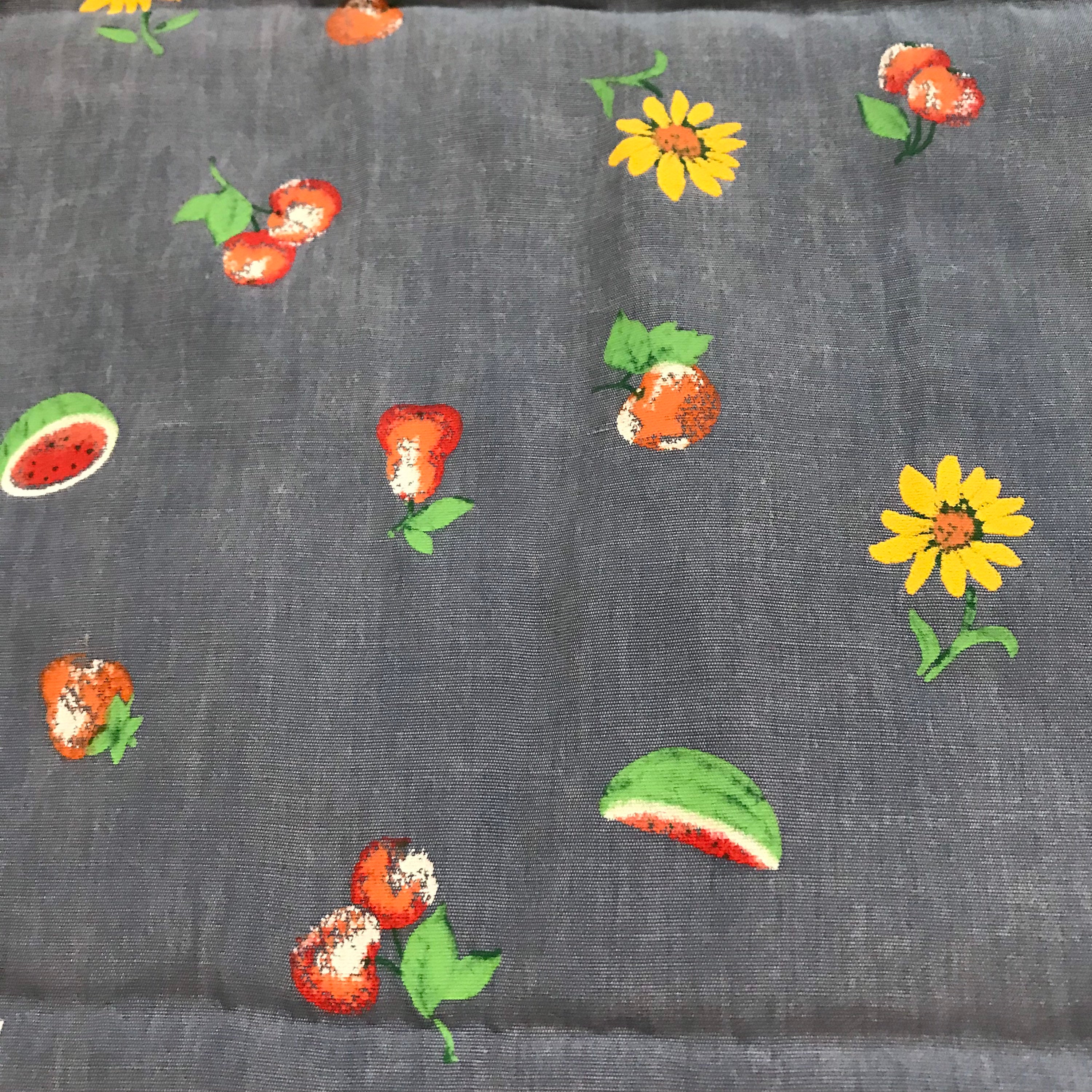 Vintage Blue Fruit & Flowers Acetate Apparel Fabric Watermelon Pears ...