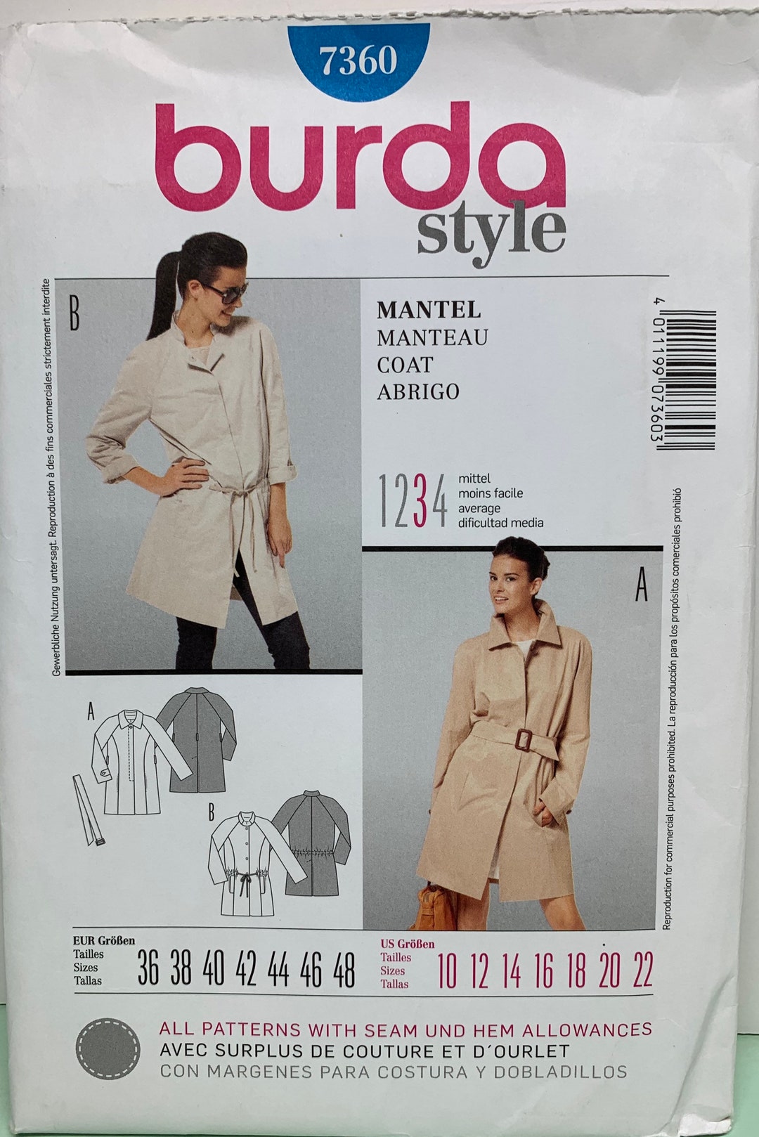 Burda Style 7360 Coat Jacket Sewing Pattern Belted Trench Coat Sizes ...