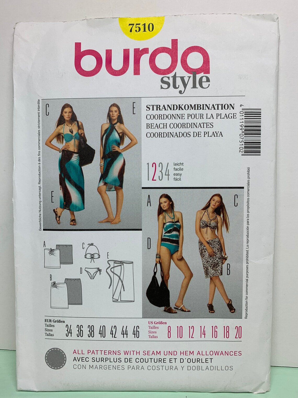 Burda 7510 Bikini Bathing Suit Swimsuit and Wrap Sarong Skirt - Etsy