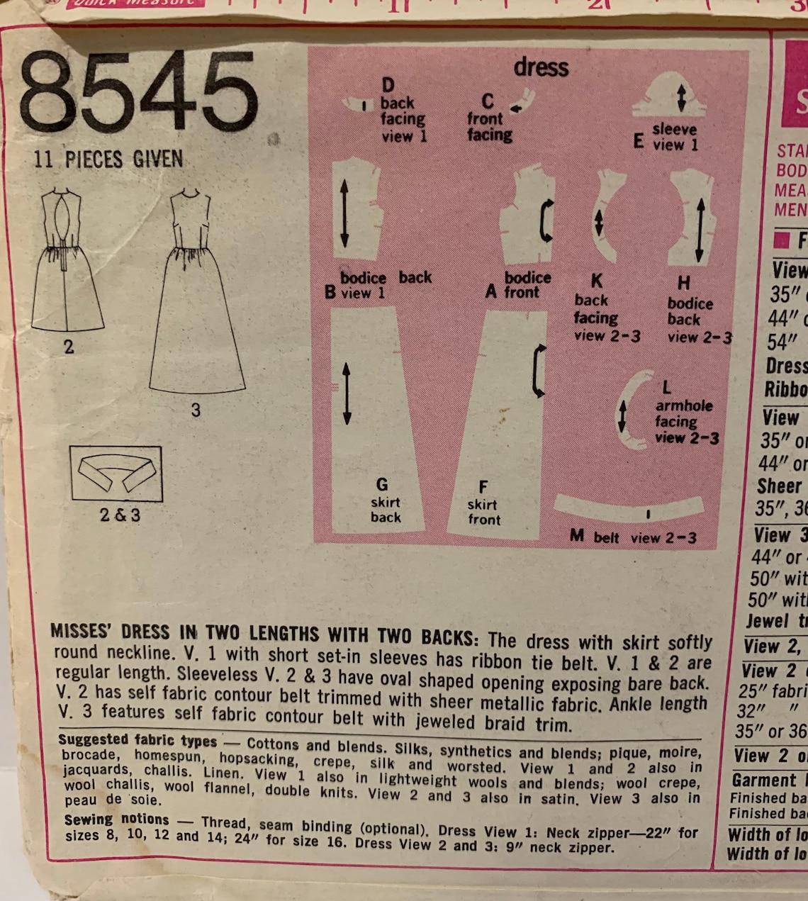 Vintage Simplicity 8545 1960s Dresses 2 Lengths Sewing Pattern - Etsy