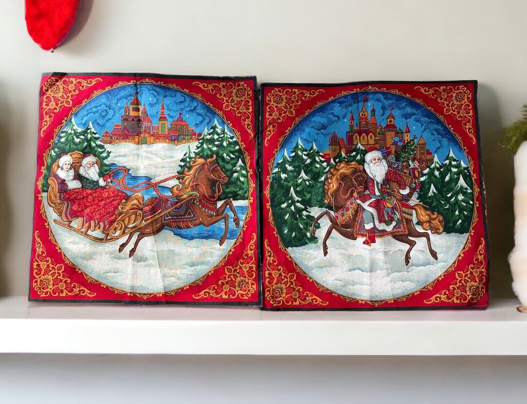 Two Christmas Quilt Blocks Cotton Fabric Santa Claus Quilt Block ...