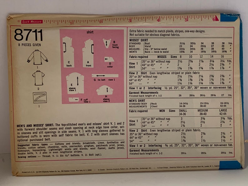 Vintage Simplicity 8711 Sewing Pattern Misses Pullover Shirt | Etsy