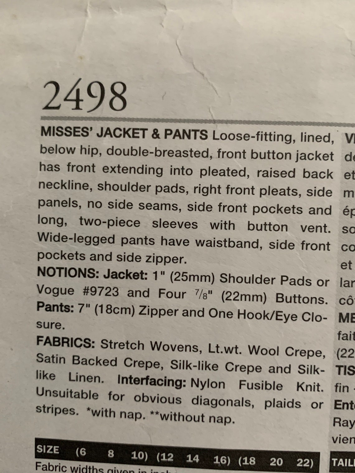 Vogue 2498 Paris Original Guy Laroche Misses Wrap Jacket & | Etsy