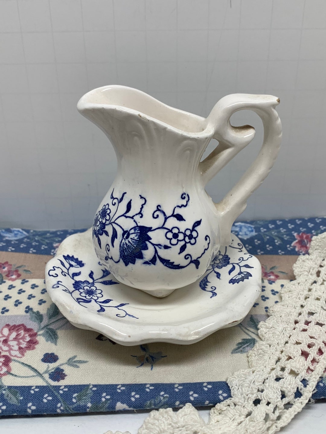 Vintage Miniature Ceramic Pitcher and Matching Plate 3 Tall Blue and ...