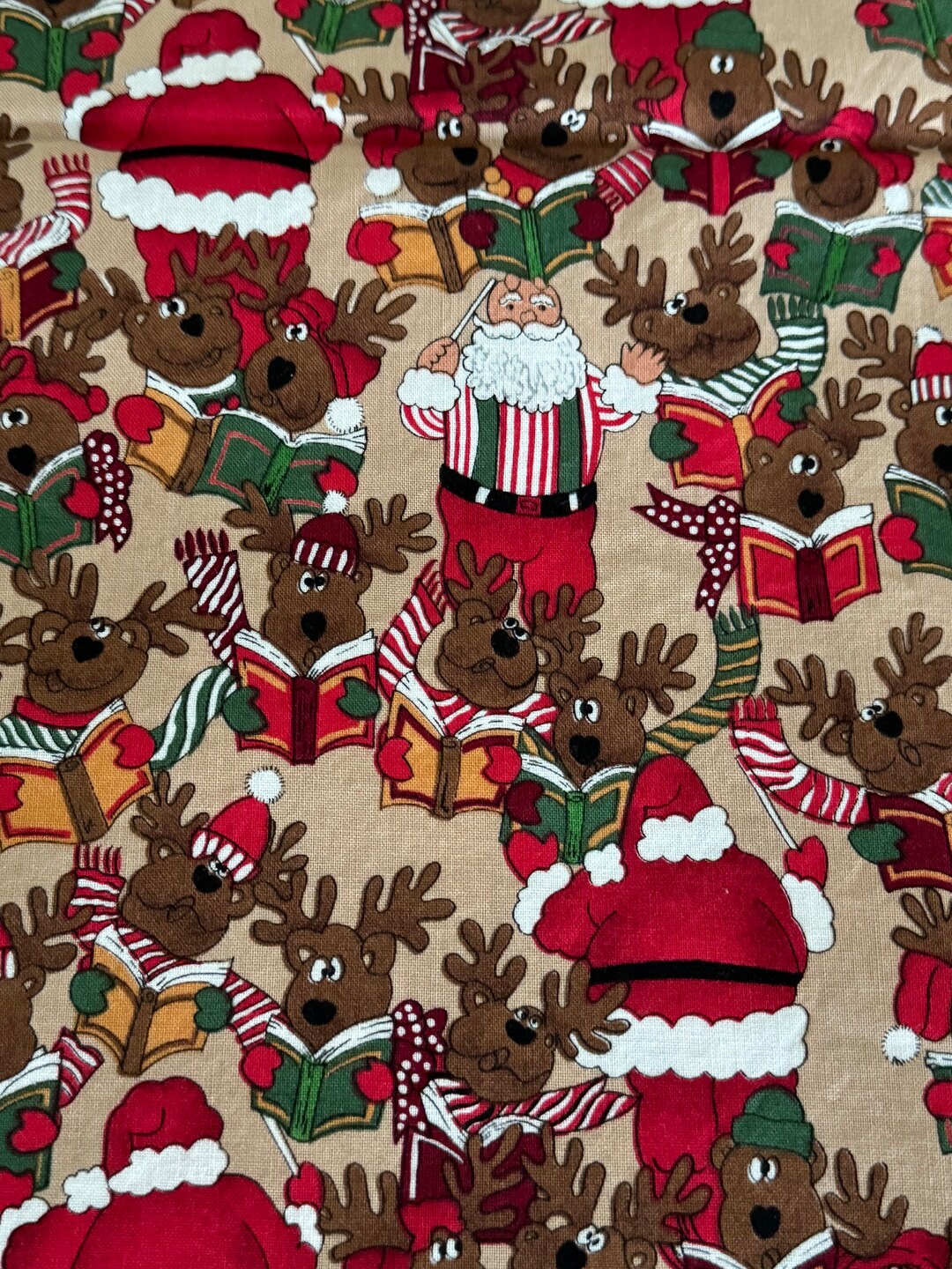 Christmas Fabric Cotton Santa Claus and His Reindeer Singing Carols ...