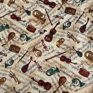 Music Lovers Cotton Fabric Musical Instruments Sheet Music Jazz Violin ...